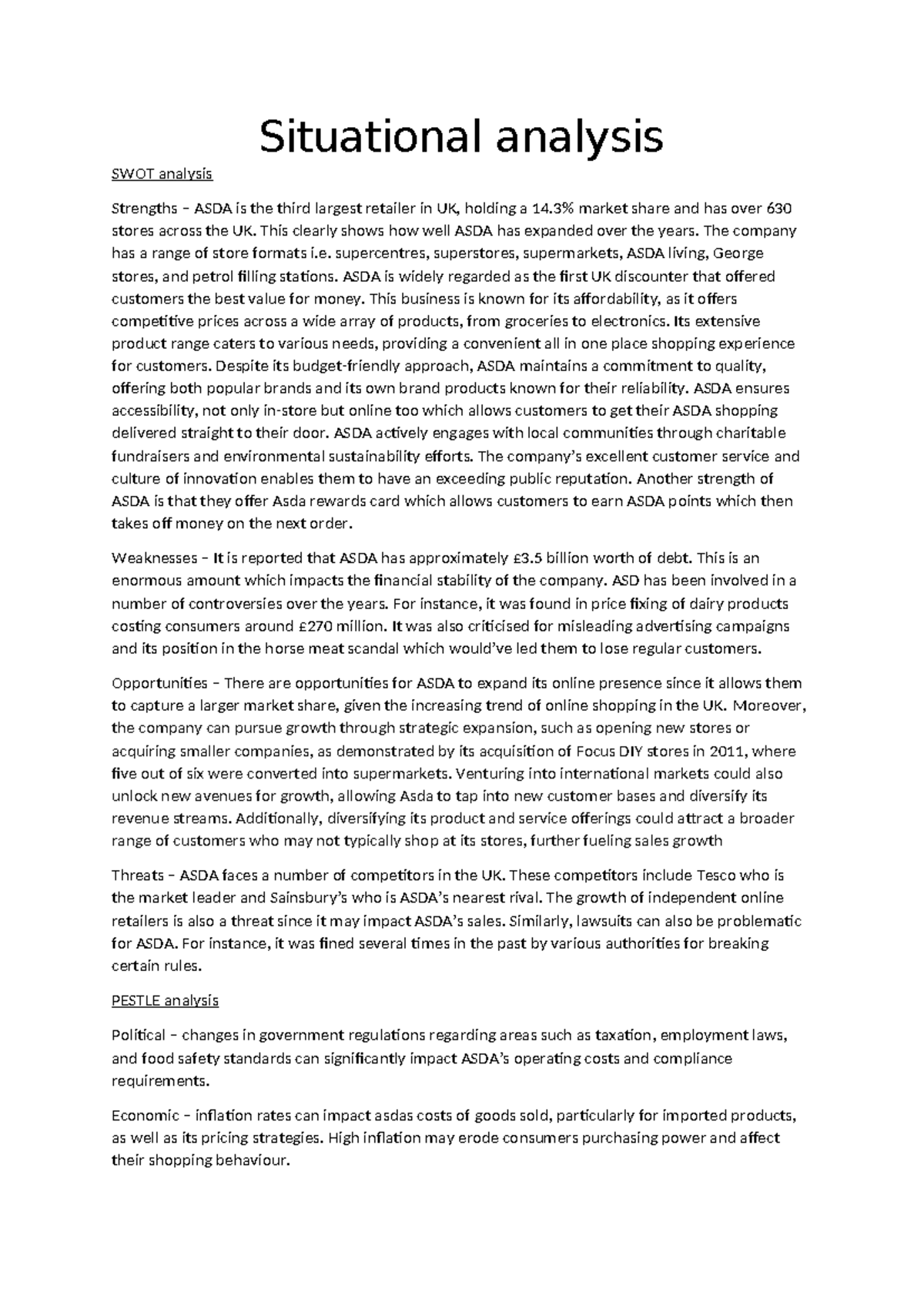 Situational Analysis of ASDA: SWOT, PESTLE, and Porter's 5 Forces - Studocu