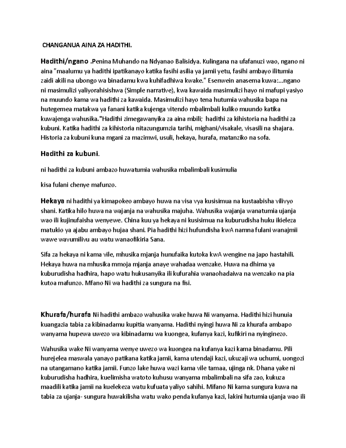 Aina za Hadithi: Ufafanuzi na Makundi Yake - Fasihi Asilia - Studocu