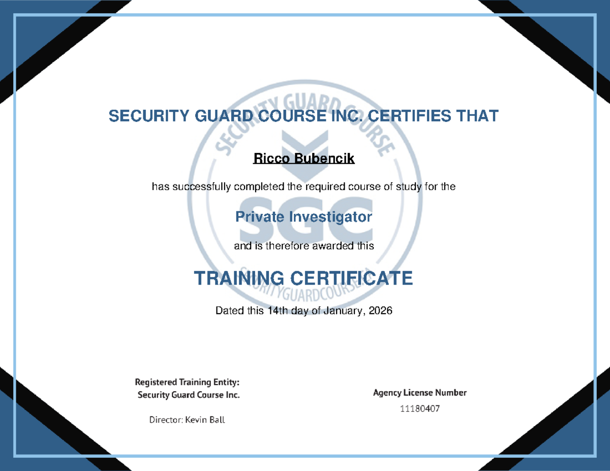 Security Guard Certificate - CYBR10007 - SECURITY GUARD COURSE INC ...