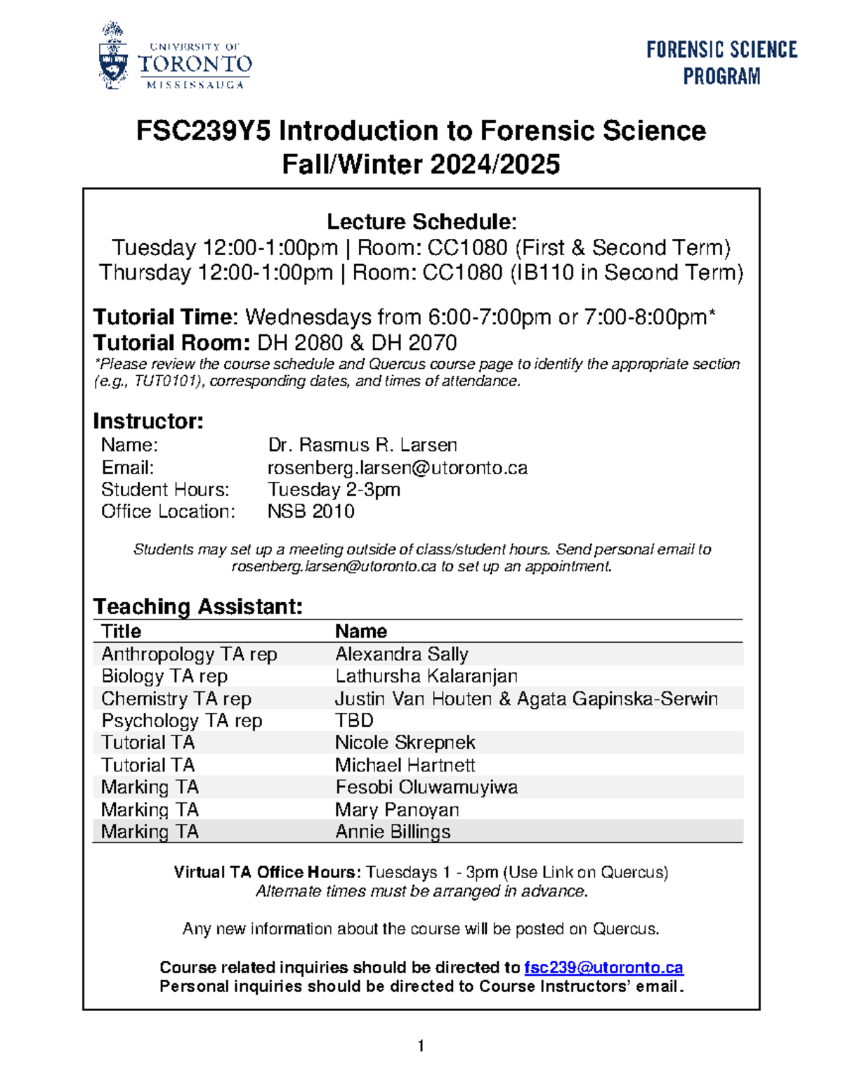 FSC239Y5 Syllabus: Introduction to Forensic Science Fall/Winter 2024 ...