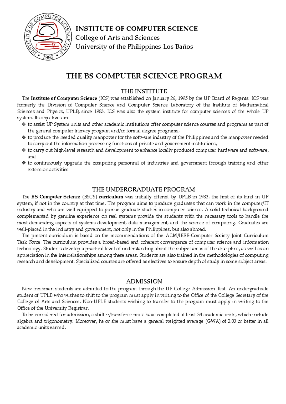 The 2018 BSCS Curriculum (with flowchart) - INSTITUTE OF COMPUTER ...