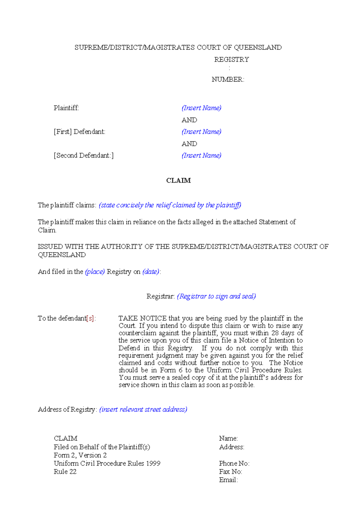 Form 2 - Claim Template for Supreme Court of Queensland - Studocu
