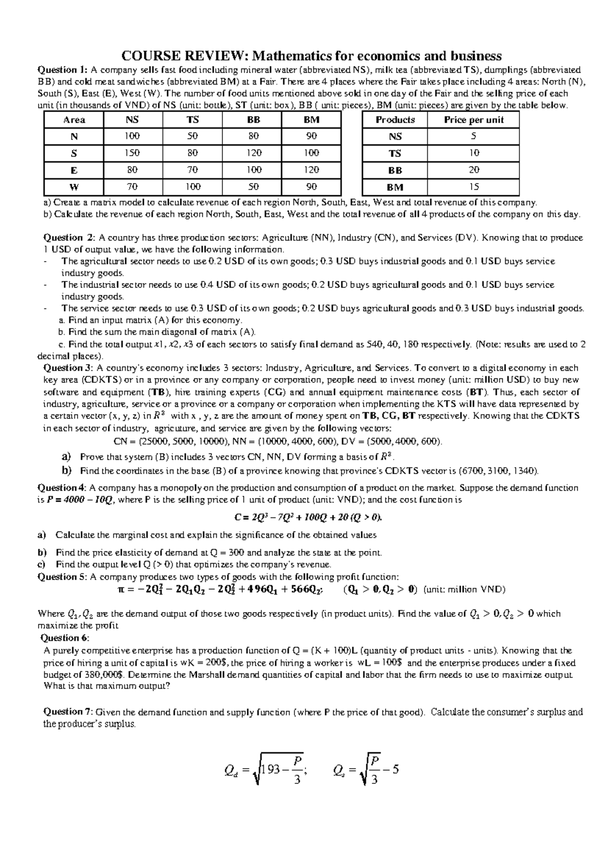 Mathematics for Economics and Business: Course Review & Exercises - Studocu