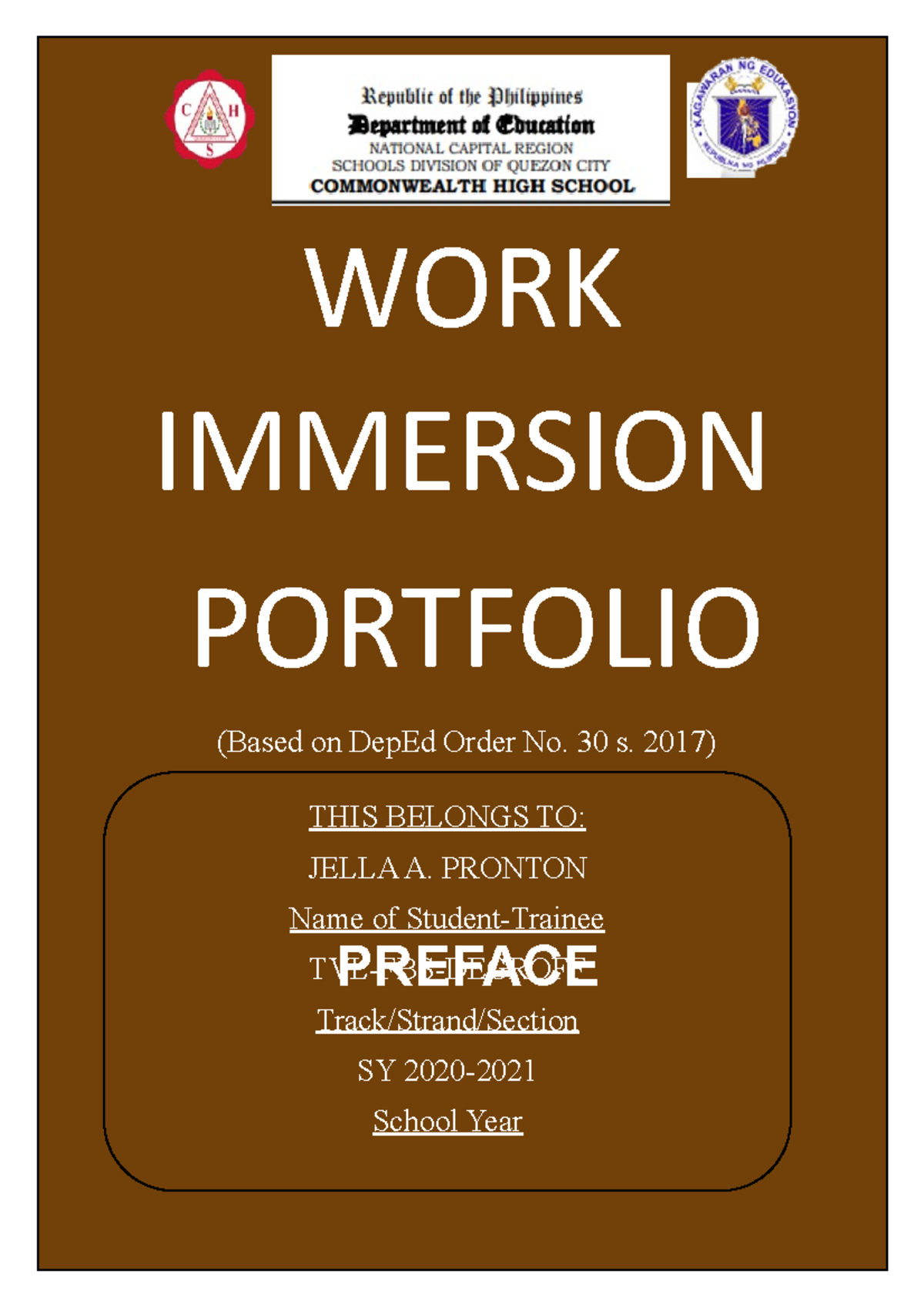 Work Immersion Portfolio - TVL-FBS-DEGROFF - SY 2020 - Studocu