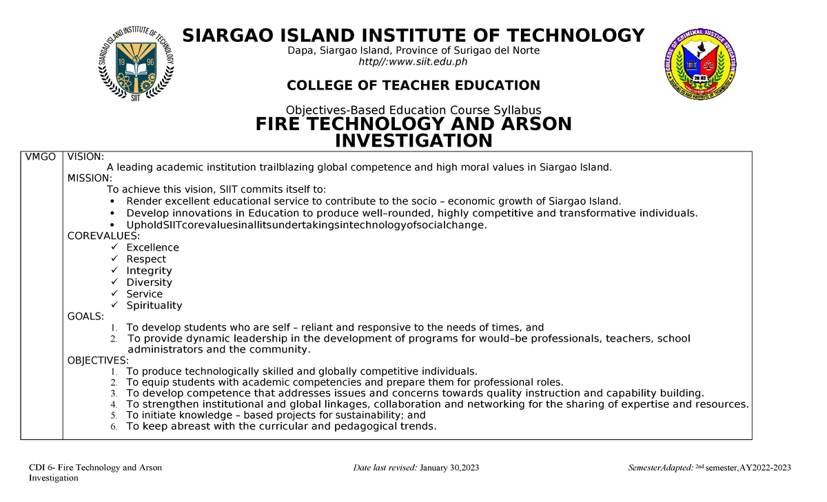 CDI 6 - Syllabus for Fire Technology and Arson Investigation (AY 2022-23) - Studocu