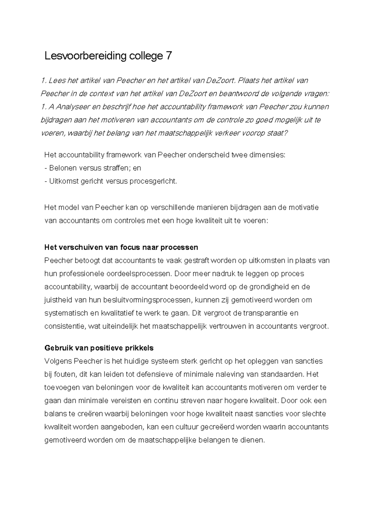 Lesvoorbereiding College 7: Accountability Frameworks van Peecher en ...