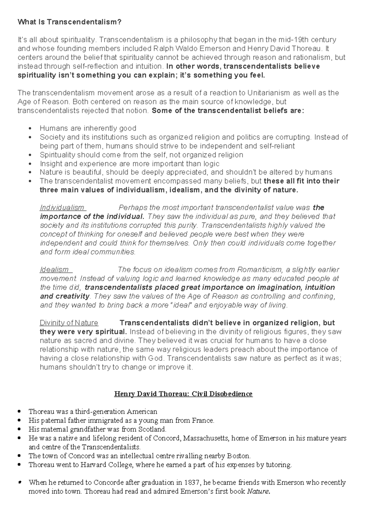Thoreau's Philosophy: Transcendentalism and Civil Disobedience (ENG 101 ...