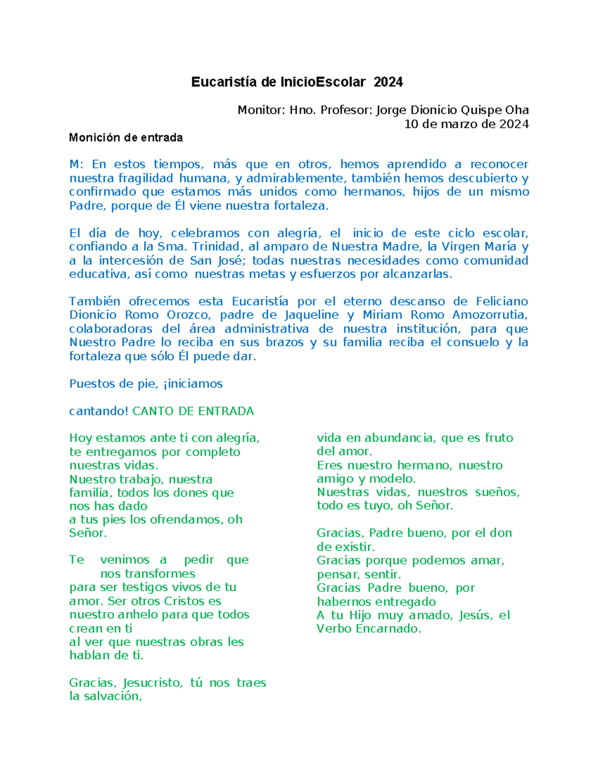 Eucaristía de Inicio Escolar 2024 - Monición de Entrada - Studocu