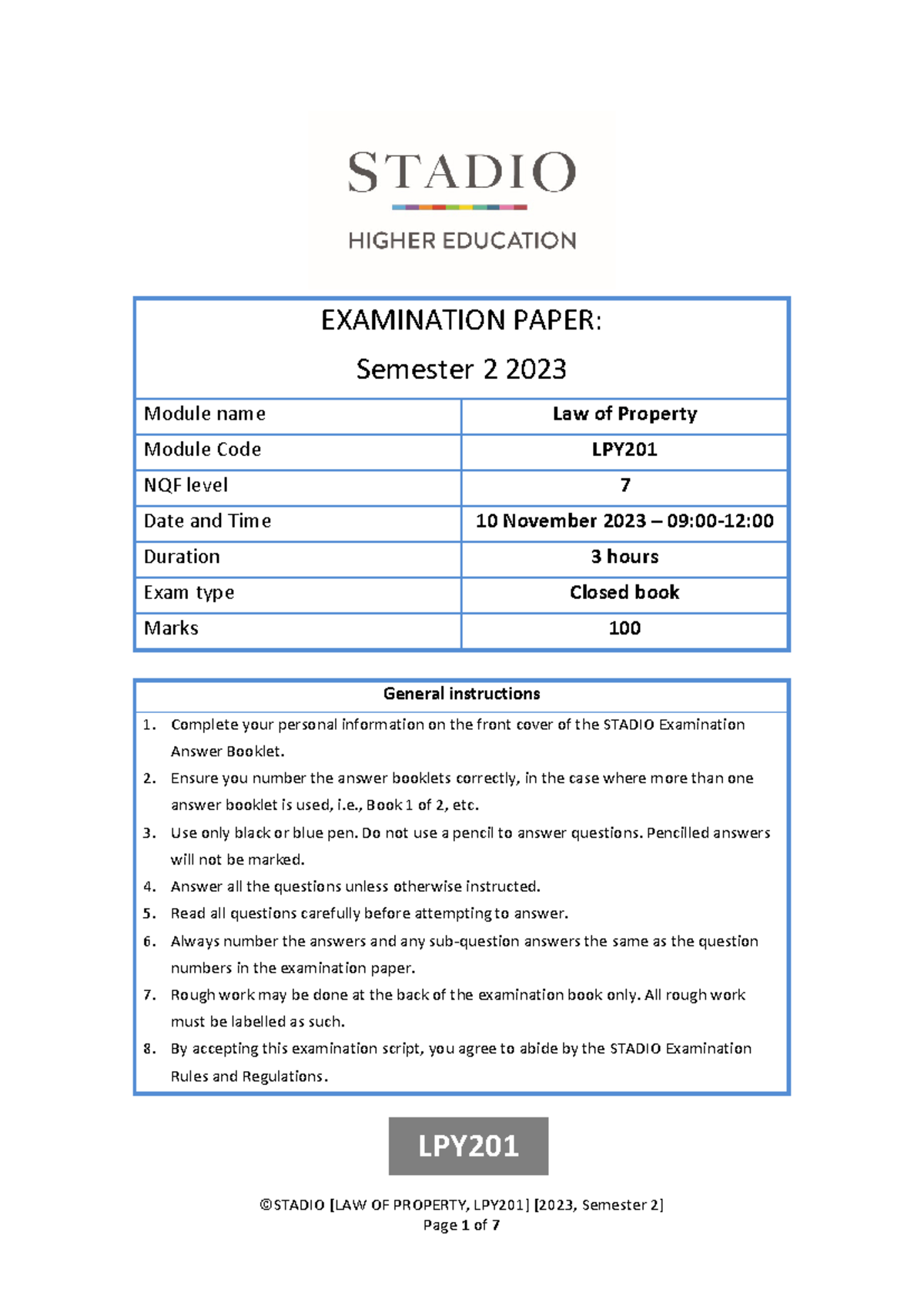 LPY201 Semester 2 2023 Law of Property Exam Paper - Studocu