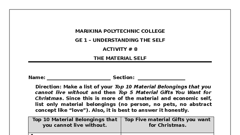 GE 1 Understanding the Self: Activity 8 - The Material Self - Studocu
