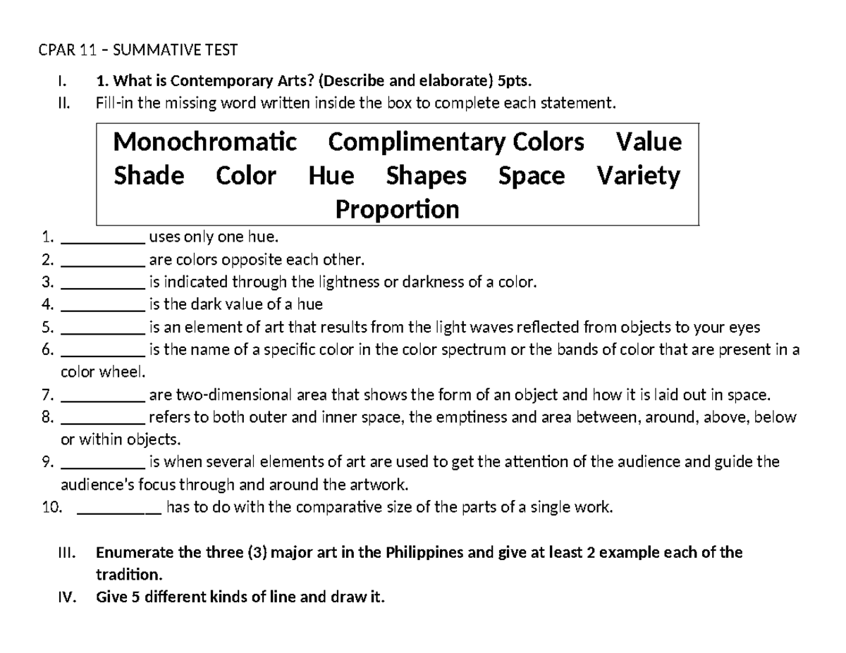 CPAR 11 - DLP - CPAR 11 – SUMMATIVE TEST I. 1. What is Contemporary ...