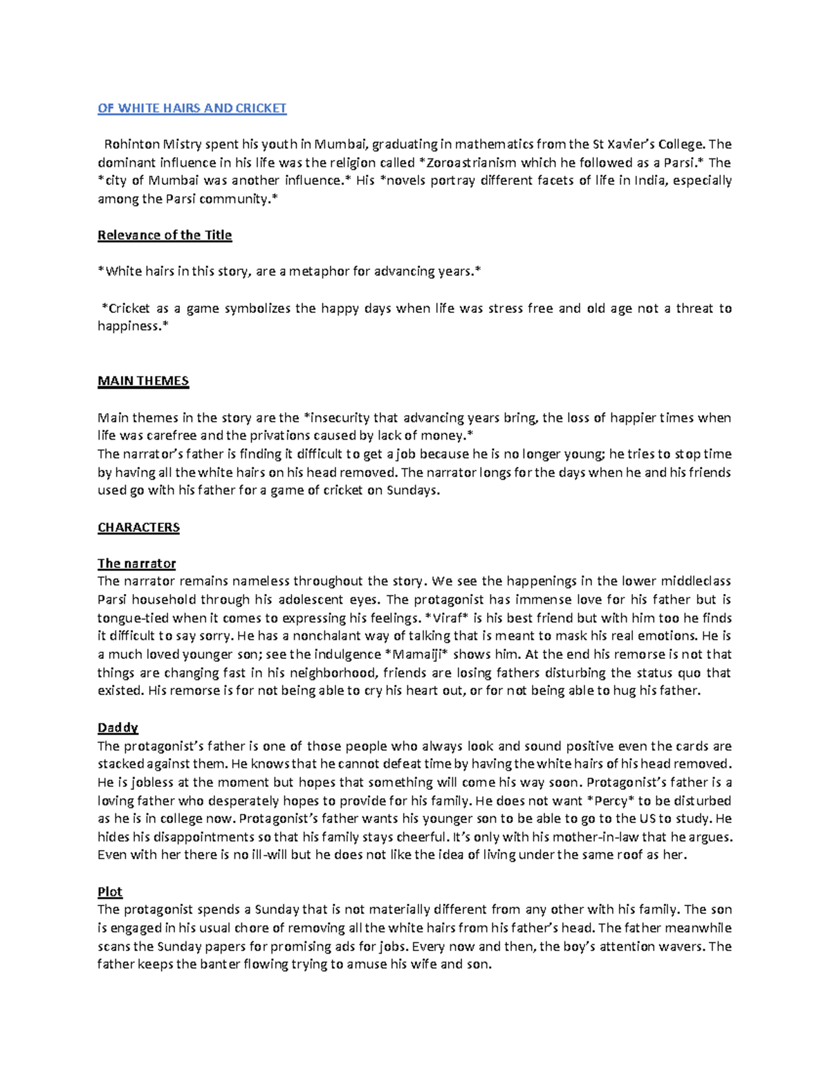 Document - Lecture notes - OF WHITE HAIRS AND CRICKET Rohinton Mistry ...