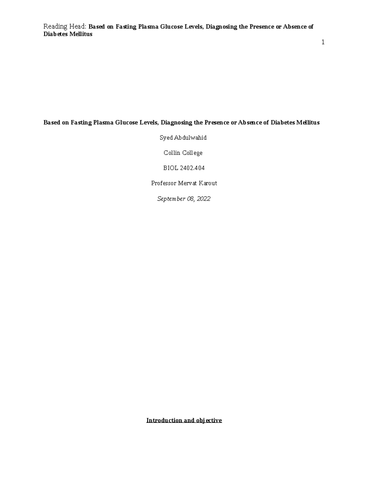 Lab report 1 - Diabetes Mellitus 1 Based on Fasting Plasma Glucose ...