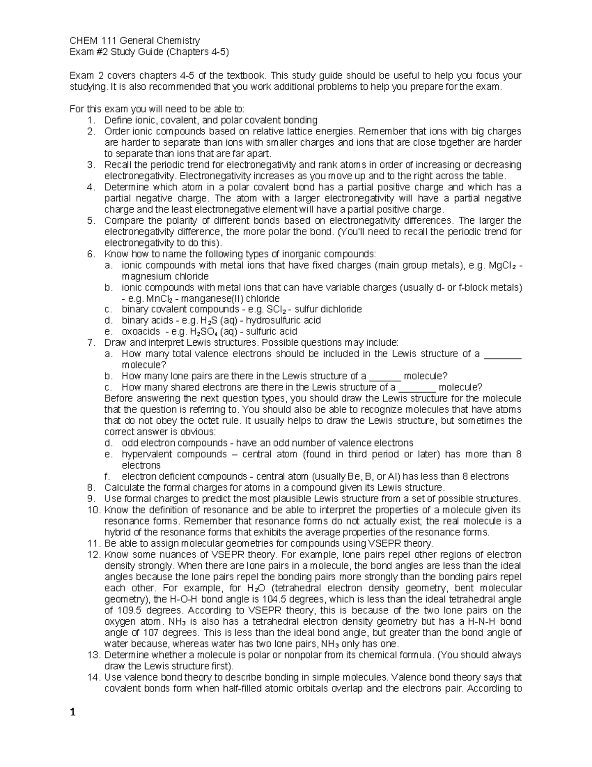 CHEM 111 Final Exam Study Guide: Key Concepts from Chapters 4-5 - Studocu