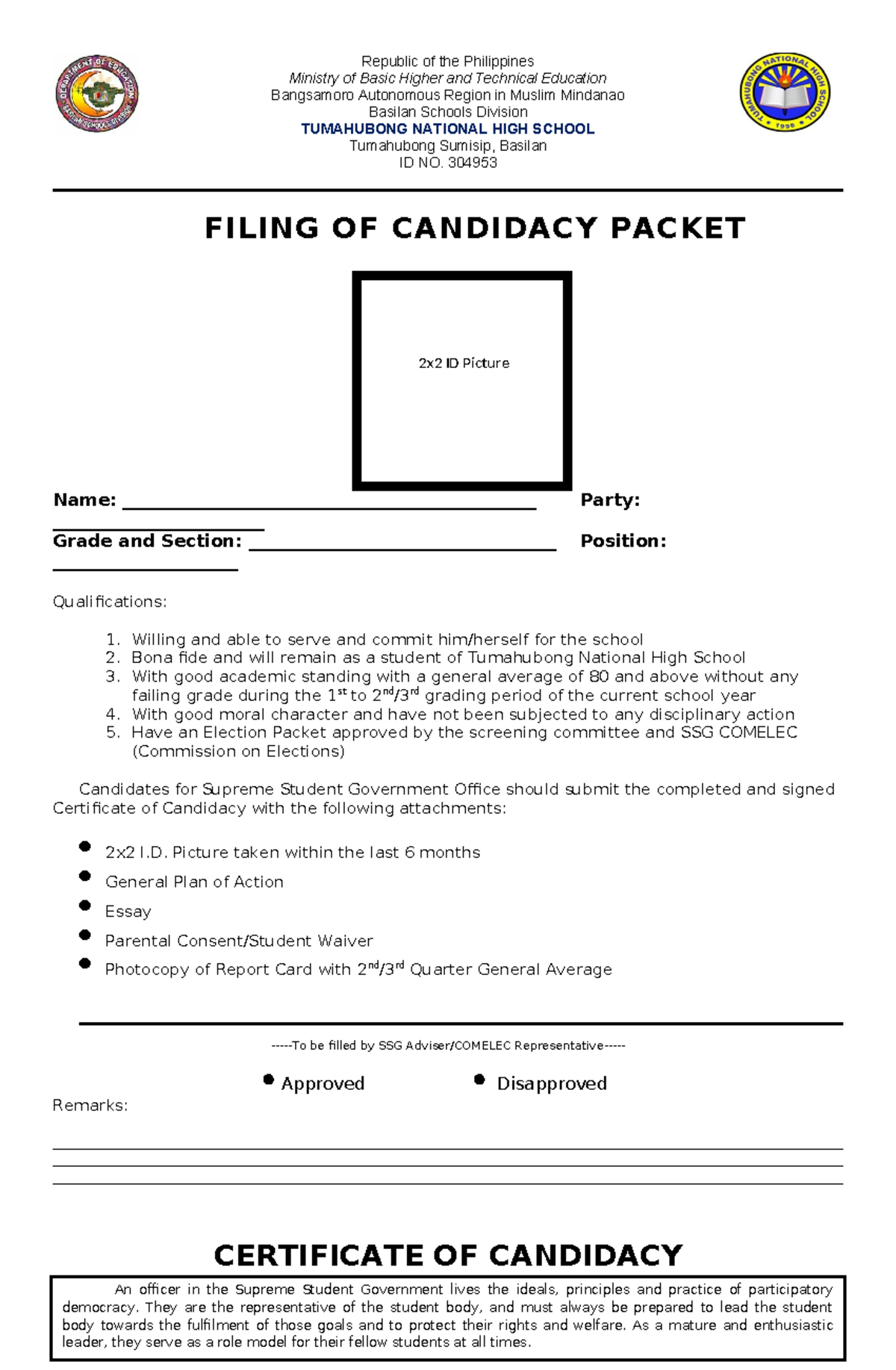 SSG-COC Filing and Requirements for Tumahubong National High School ...