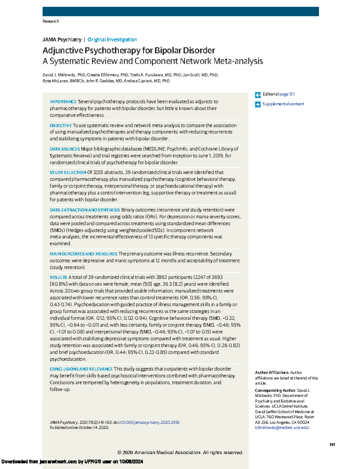 Adjunctive Psychotherapy for Bipolar Disorder: Systematic Review (OI ...