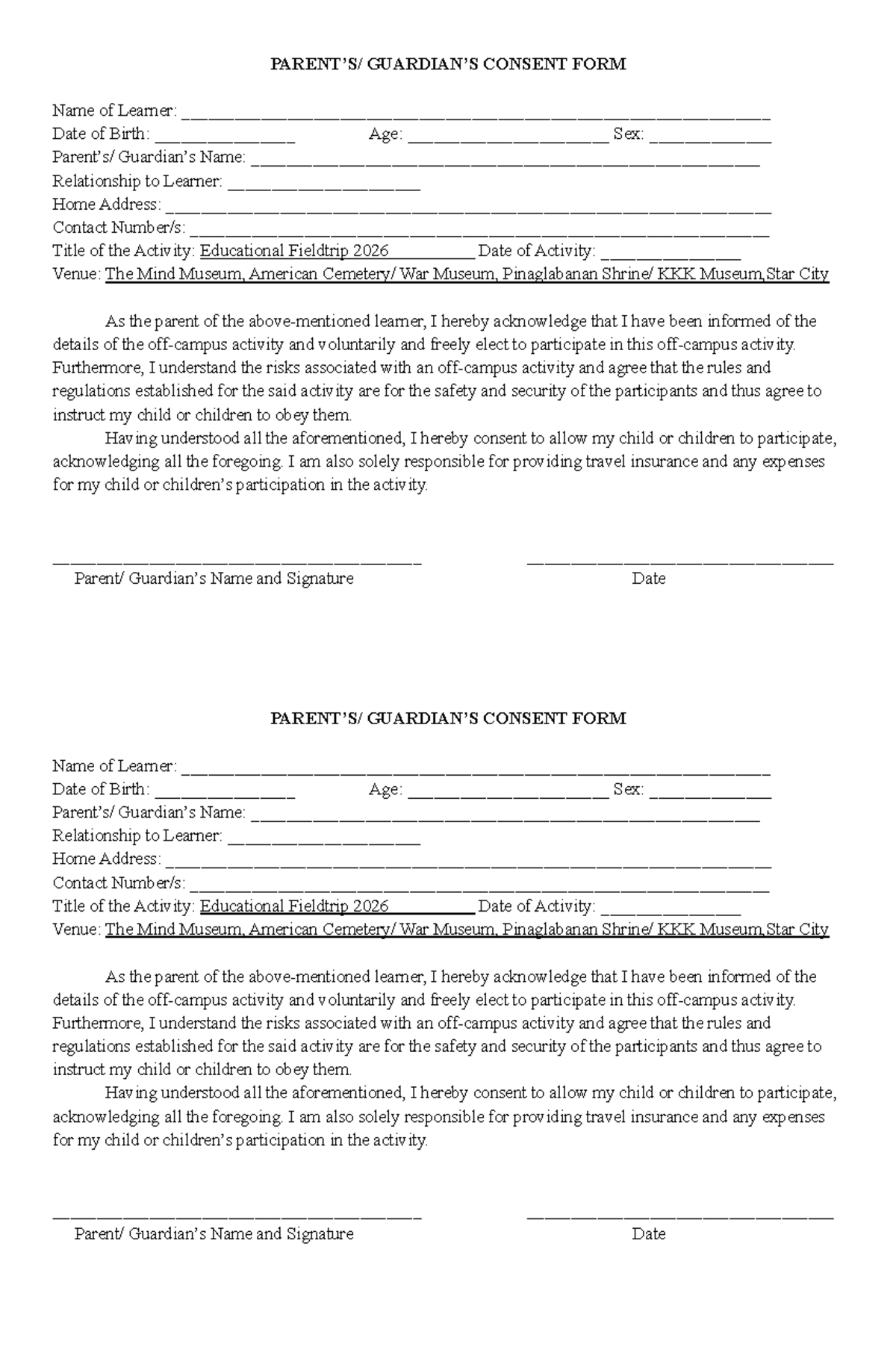 Educational Fieldtrip 2026 Parent Consent Form - Studocu