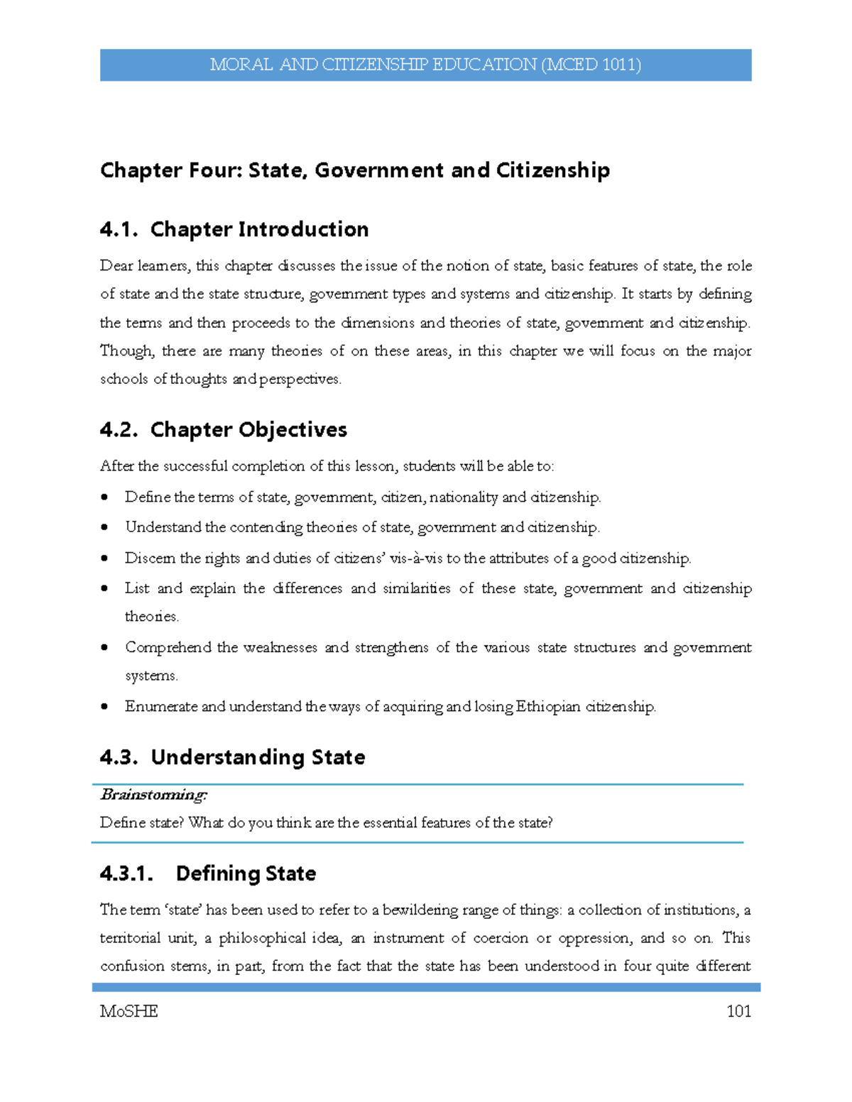 MCED 1011: Chapter Four - State, Government and Citizenship - Studocu