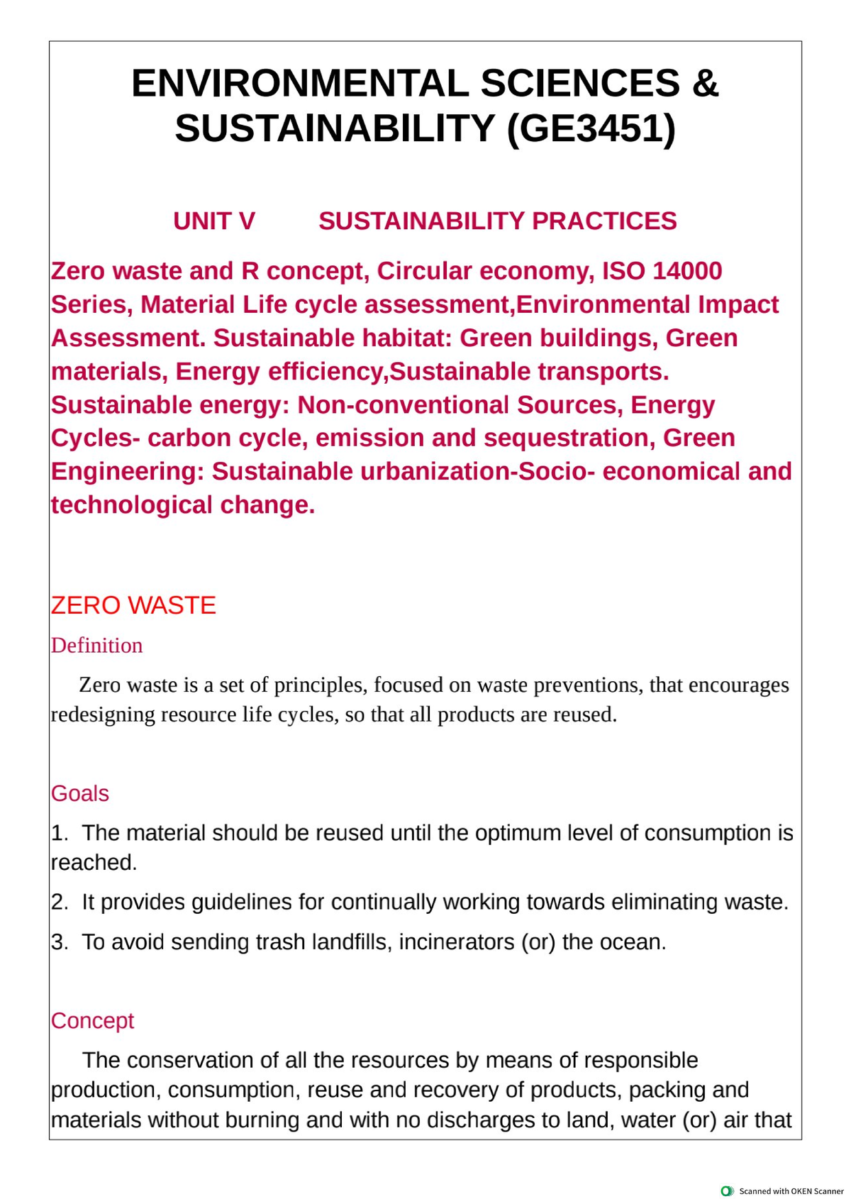 SUSTAINABILITY PRACTICES IN ENVIRONMENTAL SCIENCES (GE3451) UNIT V ...