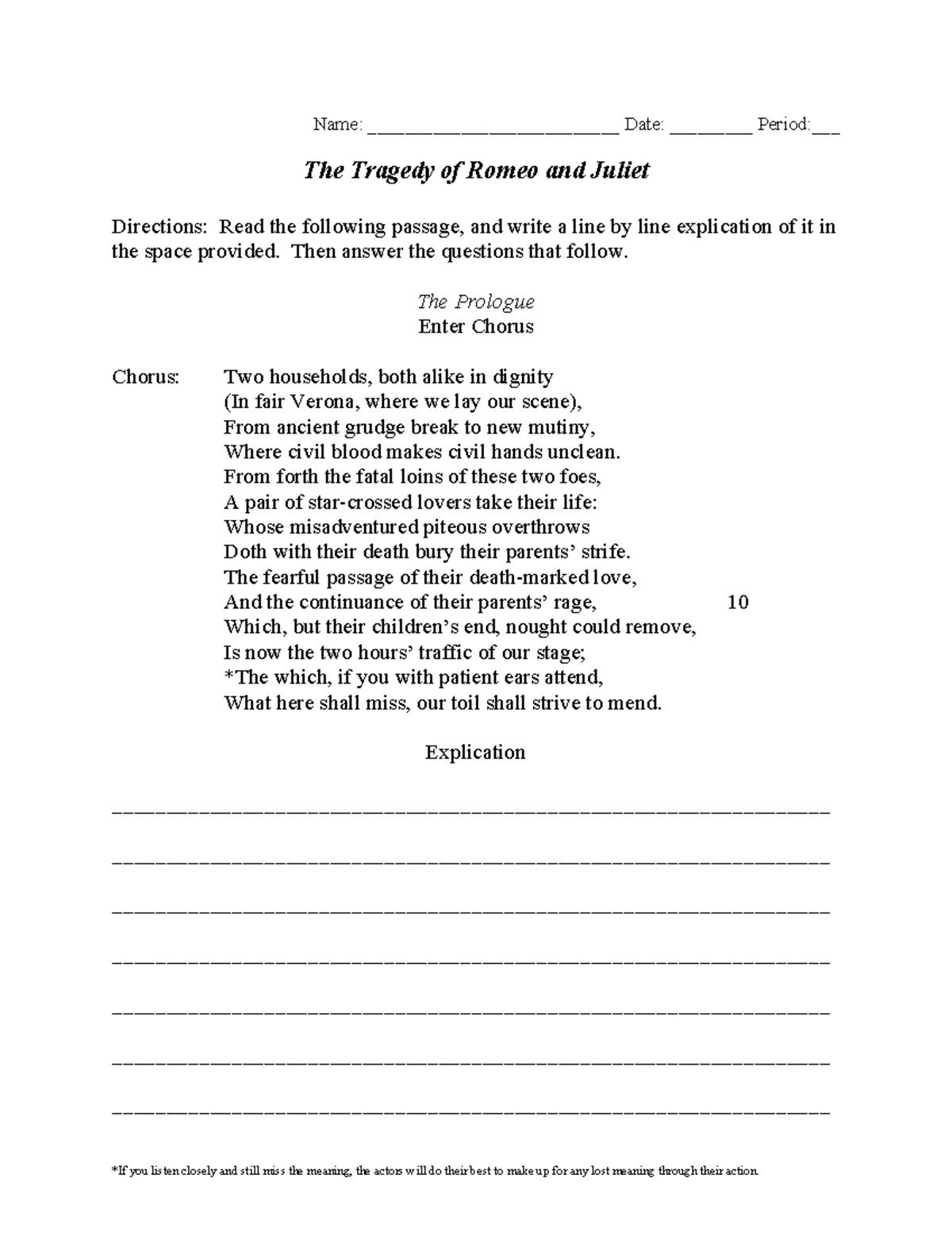 ENG 101: Prologue Explication of Romeo and Juliet - Studocu