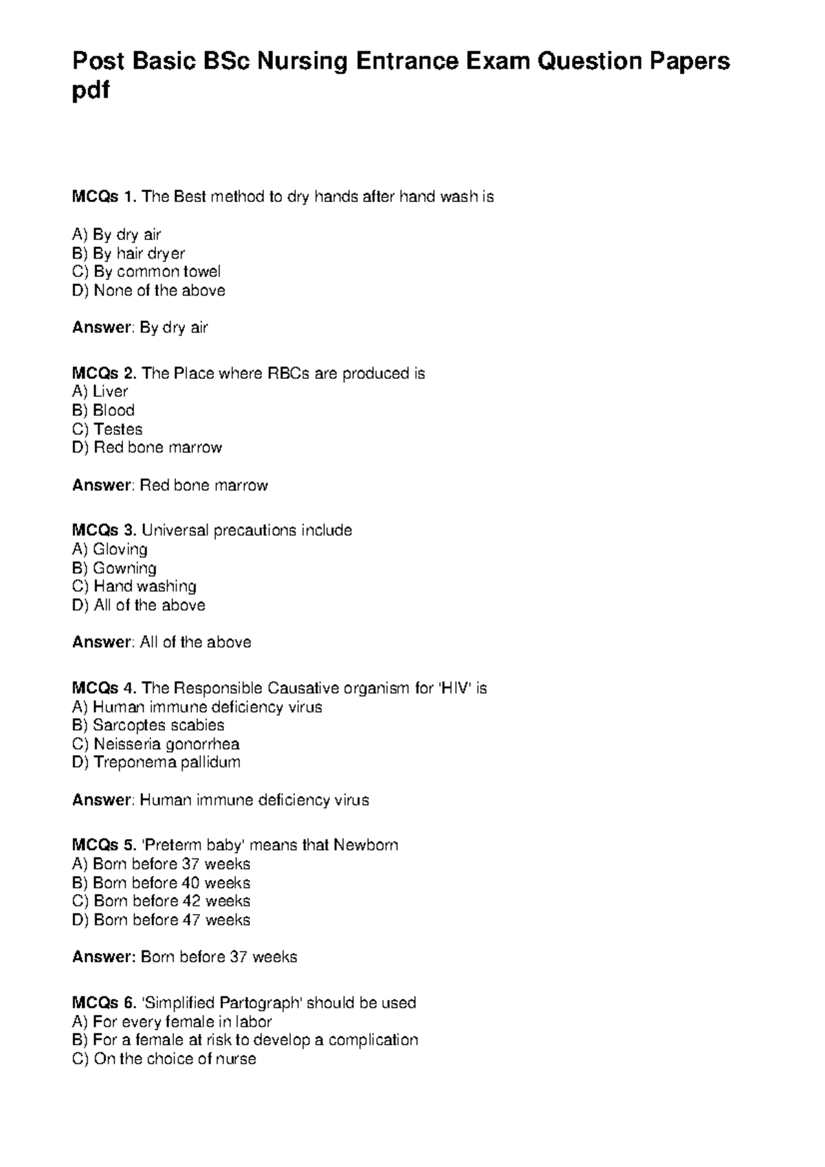 Post Basic BSc Nursing Entrance Exam MCQs Collection - Studocu