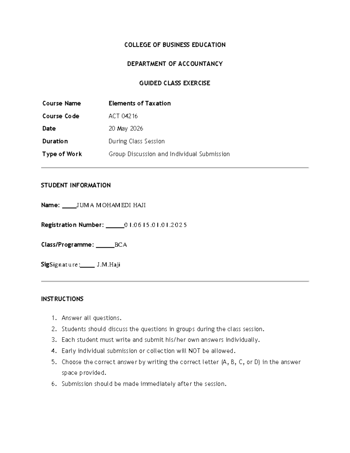 ACT 04216 Guided Class Exercise: Elements of Taxation Notes - Studocu