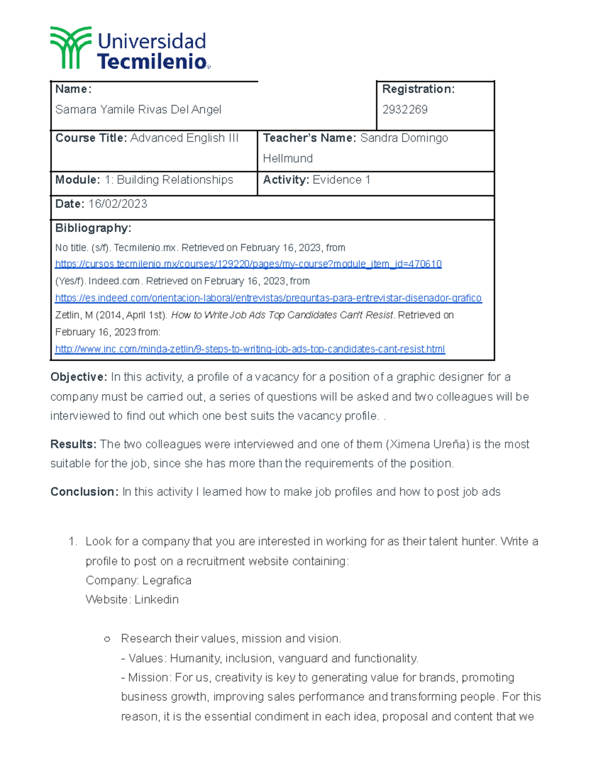 Evidence 1 - Advanced English III - Name: Samara Yamile Rivas Del Angel ...