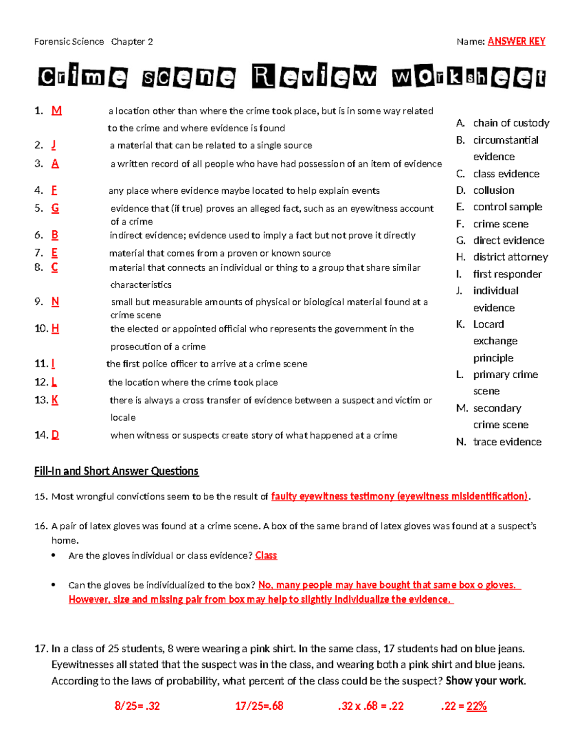Forensic Science Chapter 2: Crime Scene Review Worksheet Answer Key ...