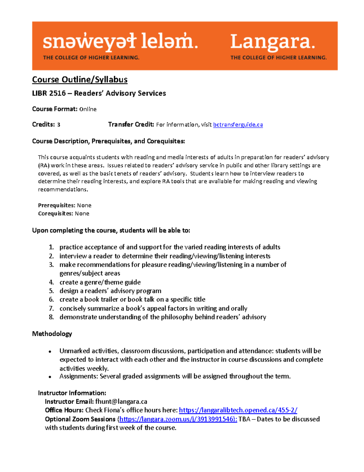 LIBR 2516 RA Spring 2025 Course Syllabus: Readers' Advisory Services ...