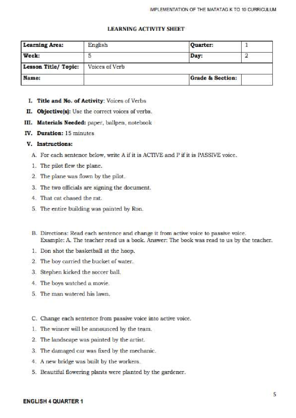English 4 - Lesson 5: Active and Passive Voice Activities - Studocu
