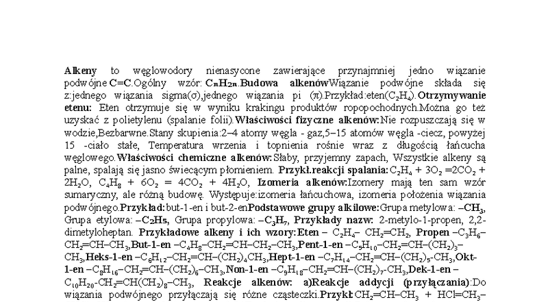 Alkeny - Notatka o Właściwościach i Reakcjach C₂H₄ - Studocu
