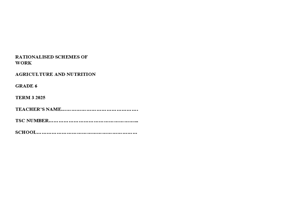 Grade 6 Agriculture and Nutrition Term 3 2025 Lesson Plans - Studocu