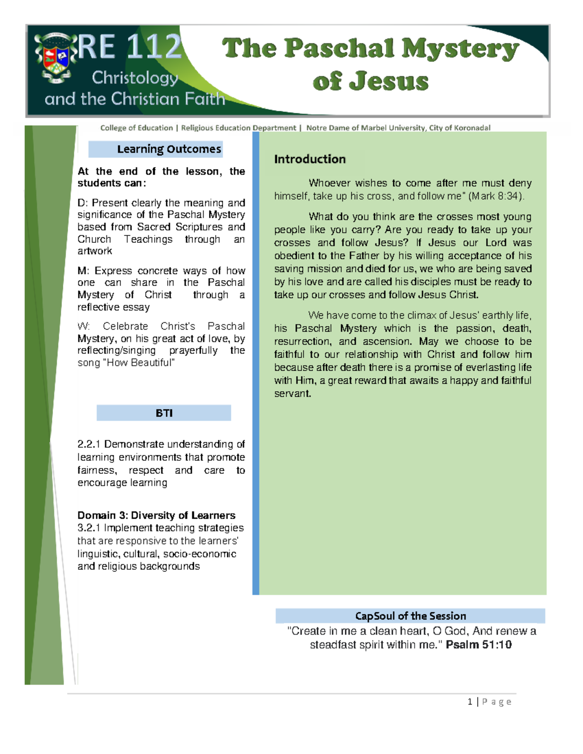 Lesson 8: Understanding the Paschal Mystery in Faith and Art - Studocu