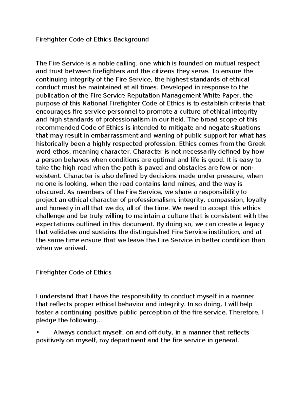 Firefighter Code of Ethics: Upholding Integrity in Service - Studocu
