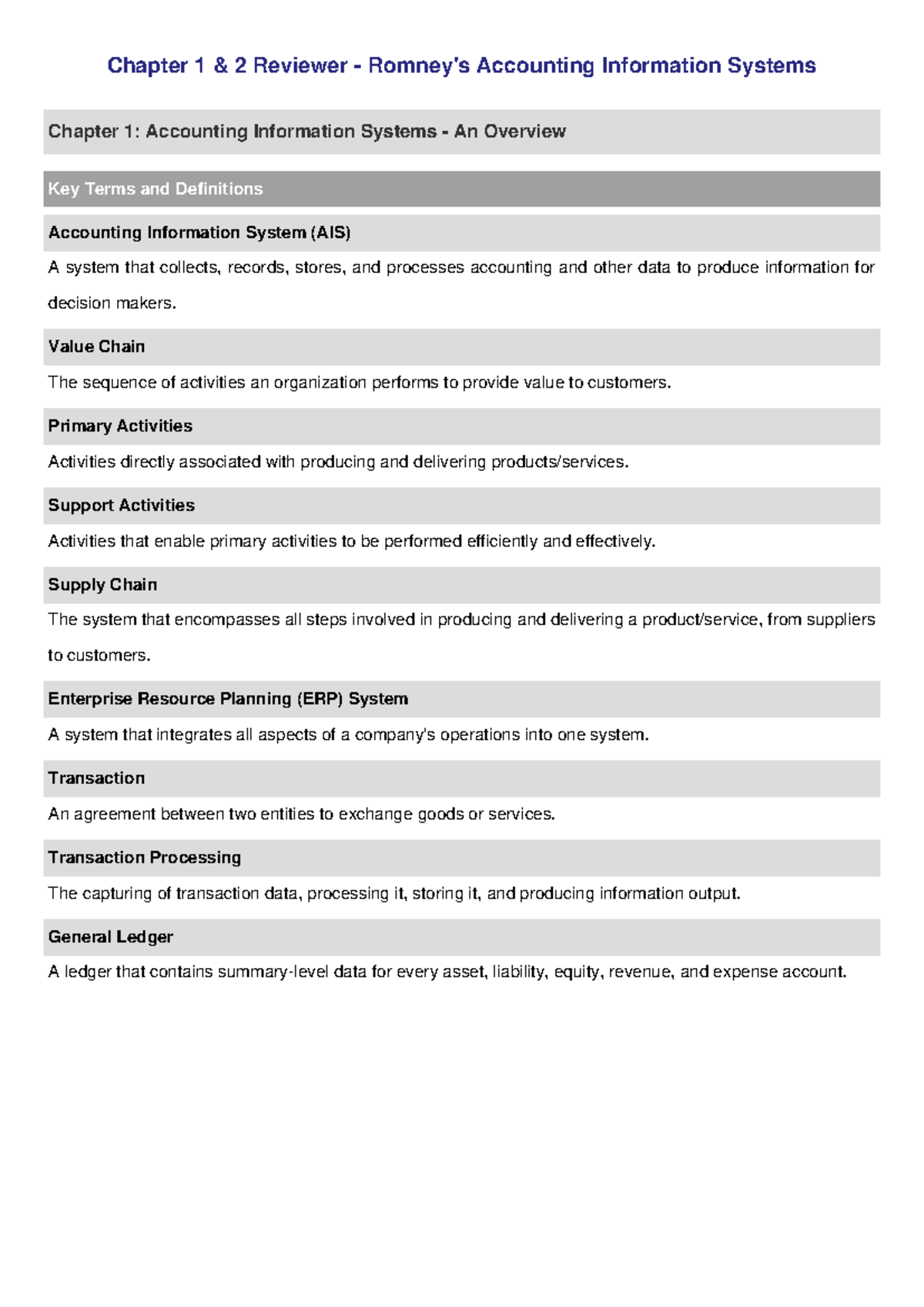 Romi Chapt 1 & 2 Reviewer: Accounting Info Systems Overview - Studocu