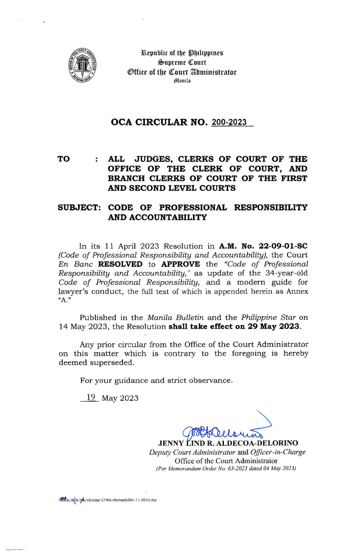 CPRA OCA Circular No. 200-2023: Code of Professional Responsibility and ...