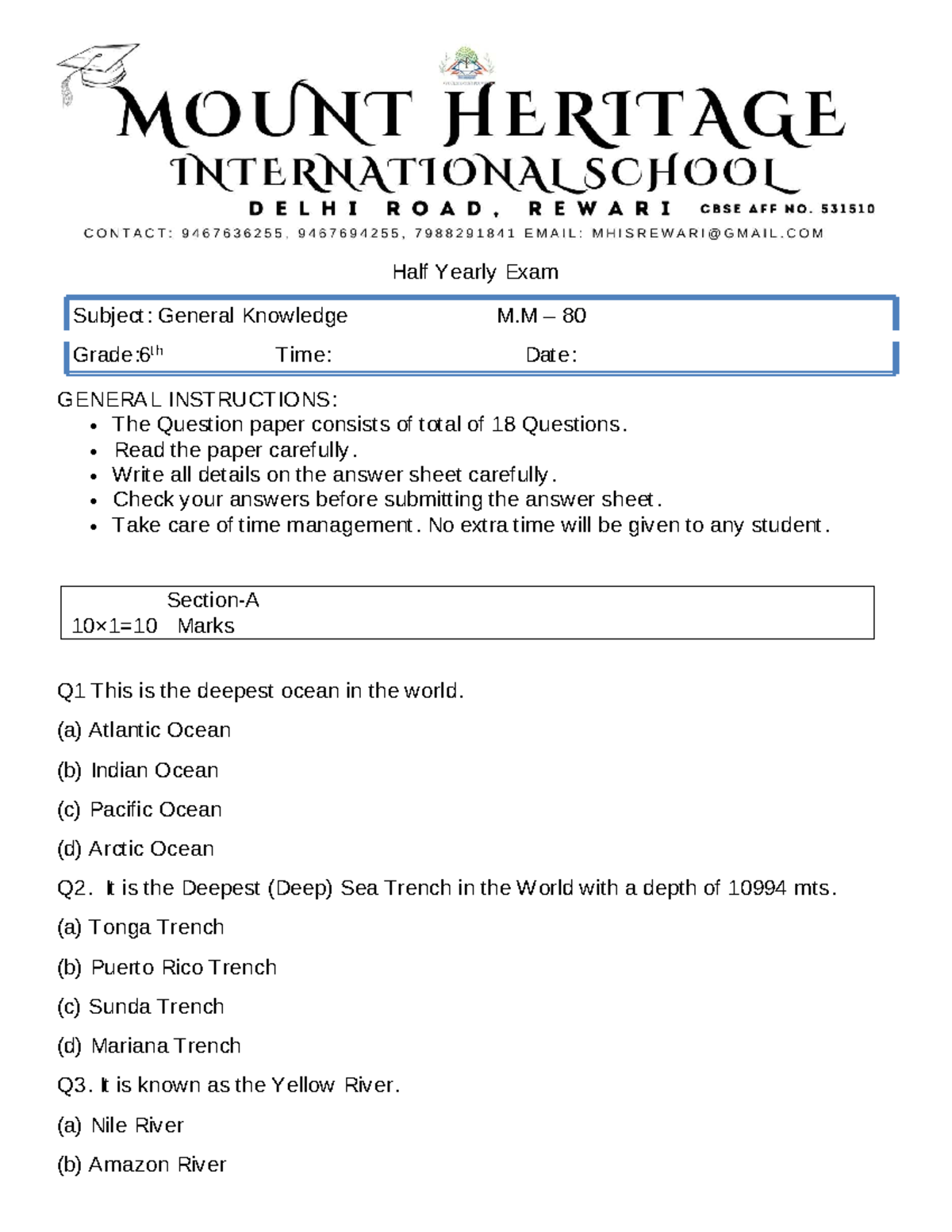 6th Grade General Knowledge Half Yearly Exam (M.M 80) - Studocu