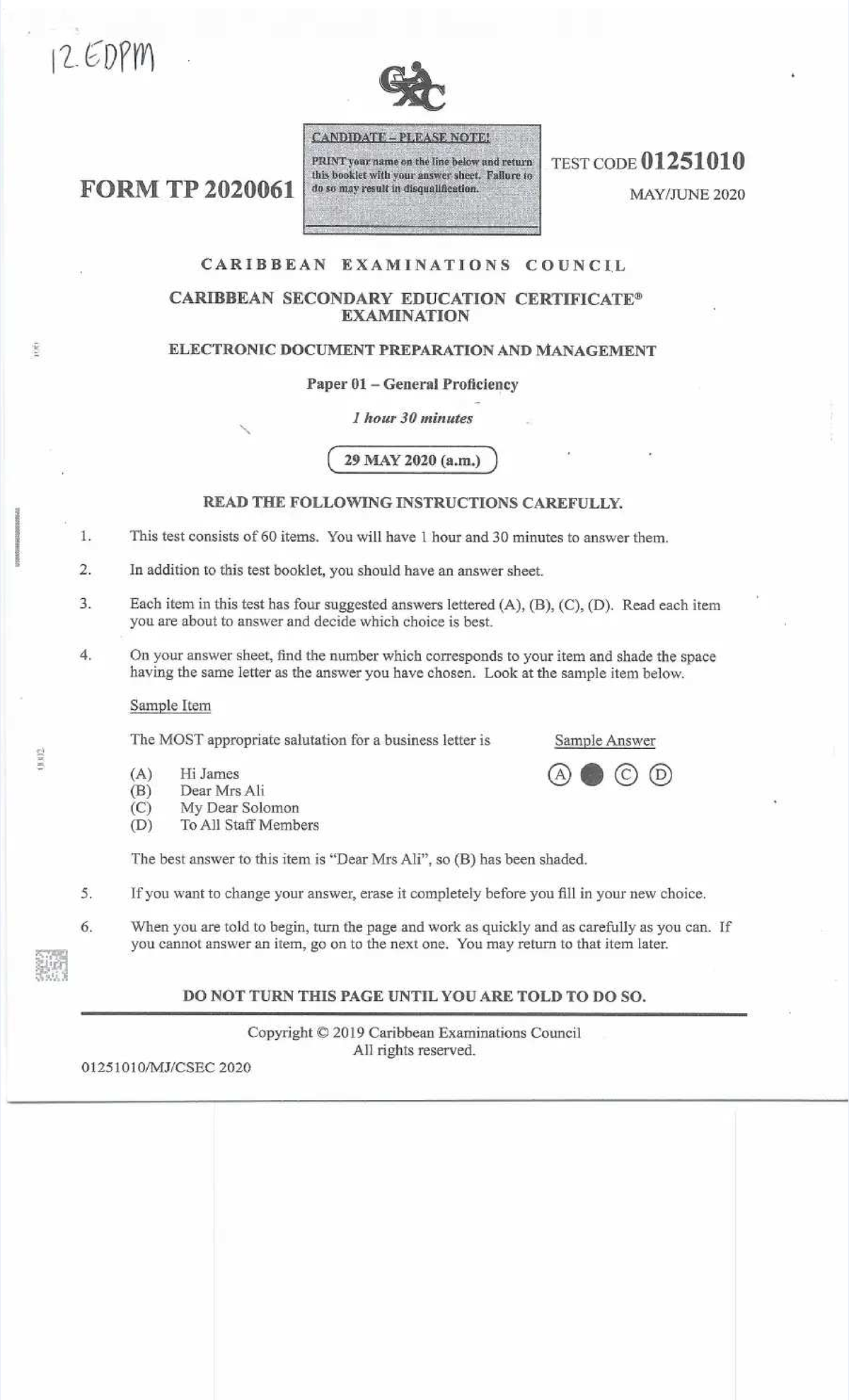Cxc csec edpm paper 1 2020 found online - Studocu