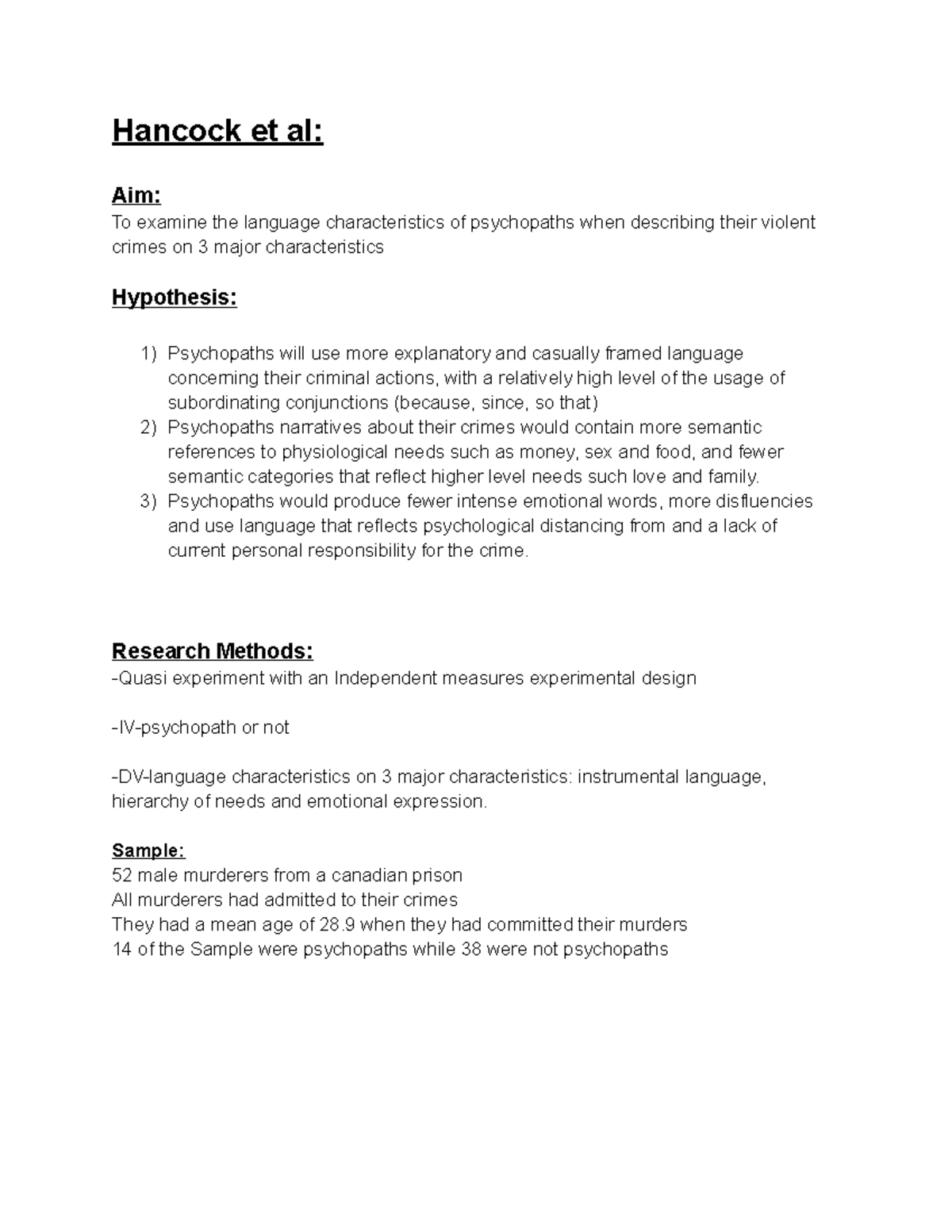 Hancock et al - Hancock et al: Aim: To examine the language ...