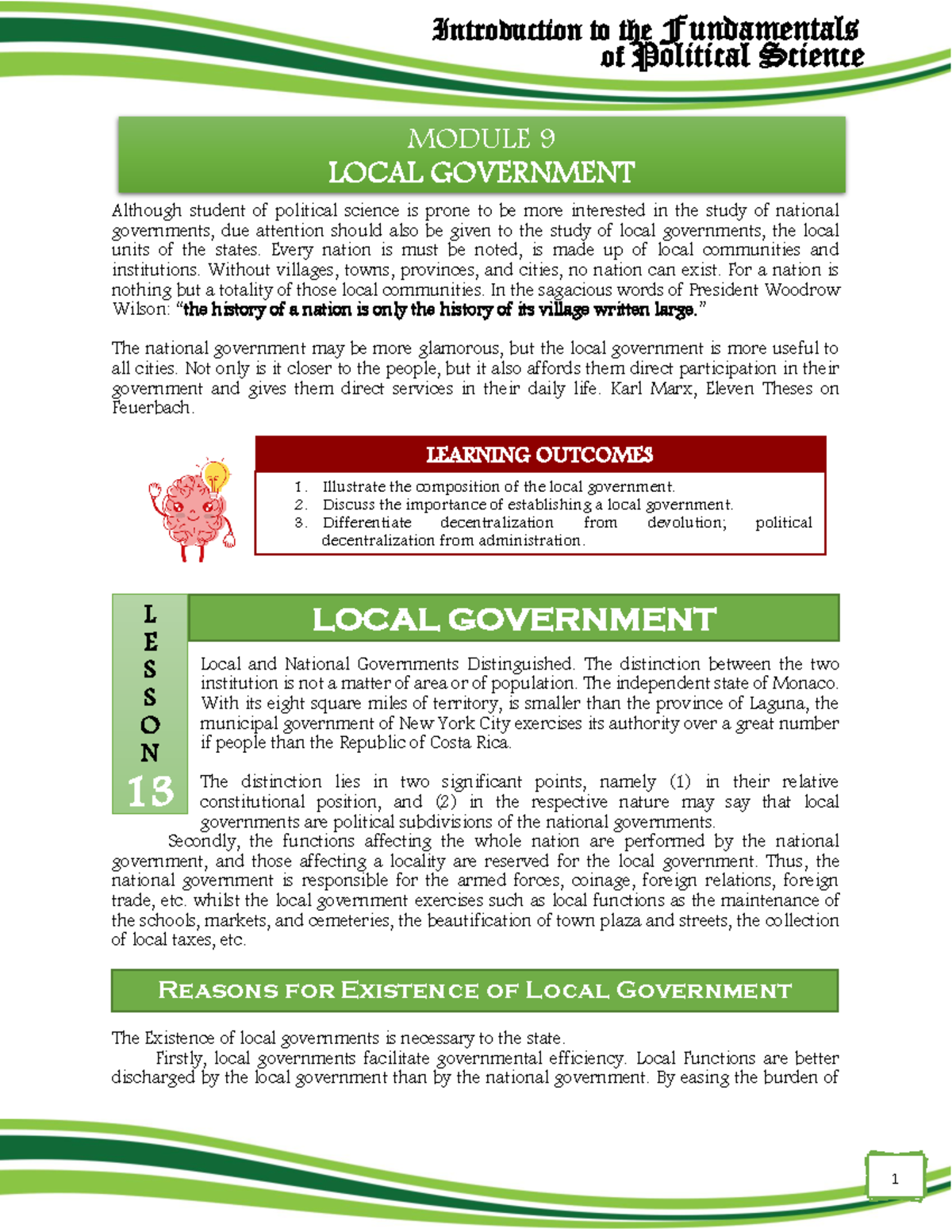 Module 9 - Local Government - of Political Science LEARNING OUTCOMES ...