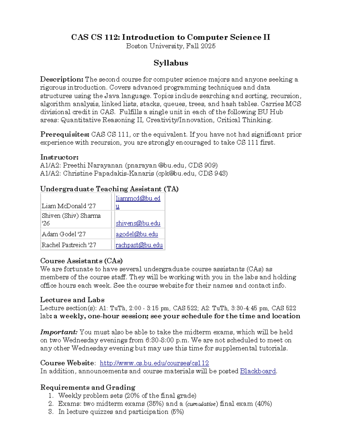 CAS CS 112: Intro to Computer Science II Syllabus, Fall 2025 - Studocu