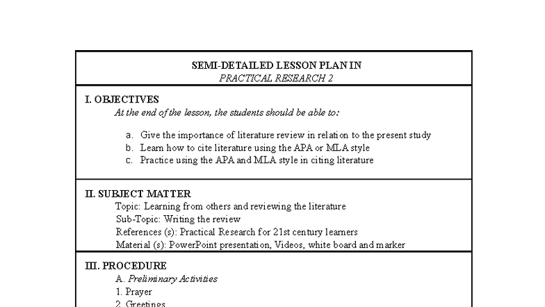 PR2 - Lesson Plan: Literature Review & Citation Skills - Studocu