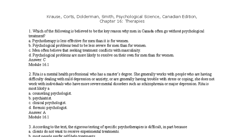 Psychological Science 16: Therapies Quiz & Key Concepts - Studocu