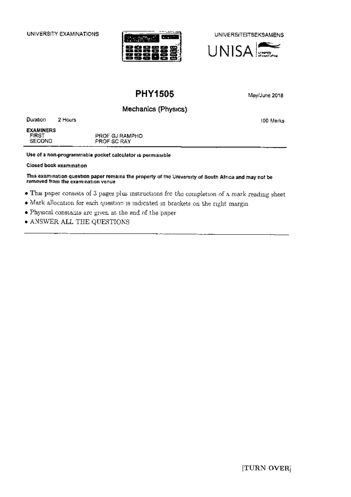 PHY1505 2018 Mechanics Past Exam Paper - 2 Hours, 100 Marks - Studocu