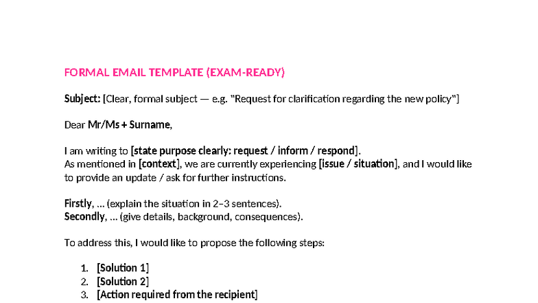 Engelsk rapport og mail - FORMAL EMAIL TEMPLATE (EXAM-READY) Subject ...