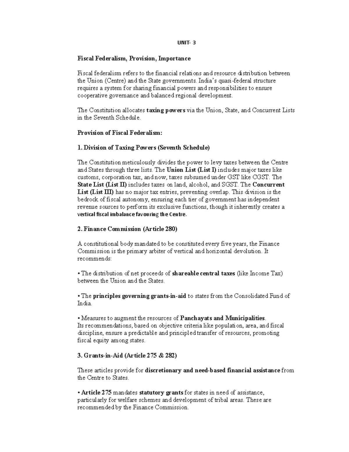 Indian Constitution - Unit 3: Fiscal Federalism and Its Provisions ...