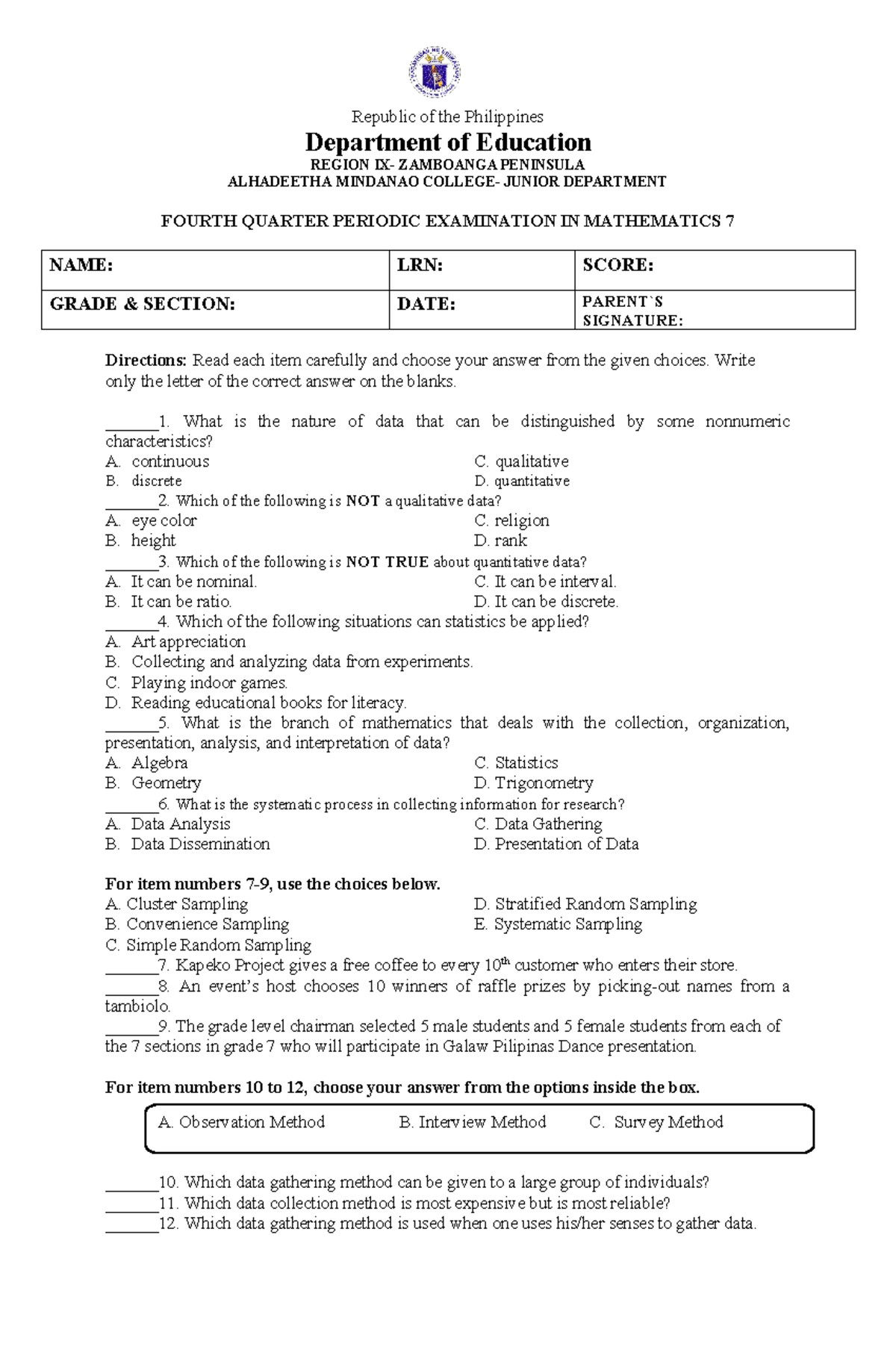 Math 7 4th Quarter Periodic Exam Review and Answers - Studocu