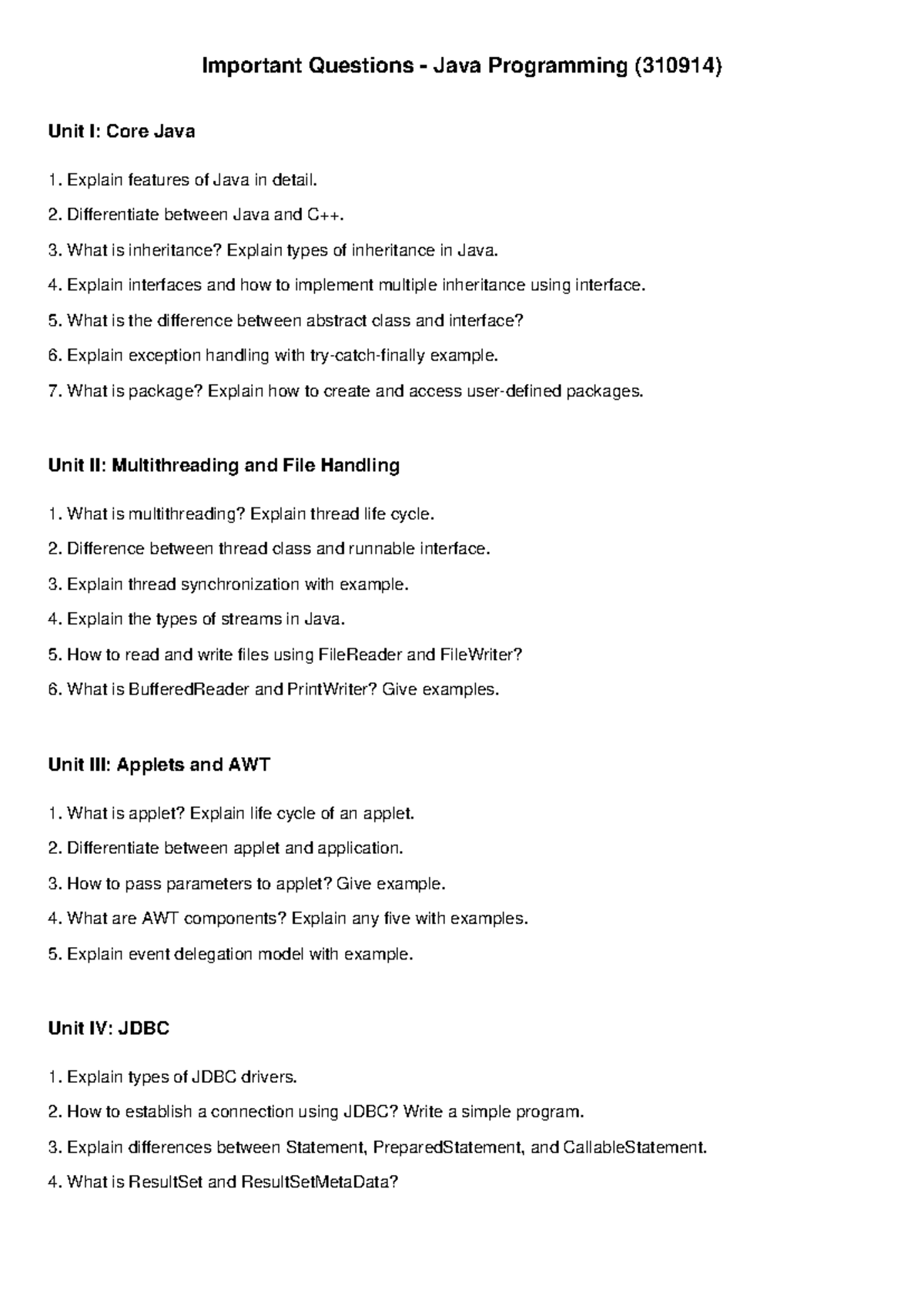 Java Programming Important Questions (310914) for MCA 2020 Exam - Studocu