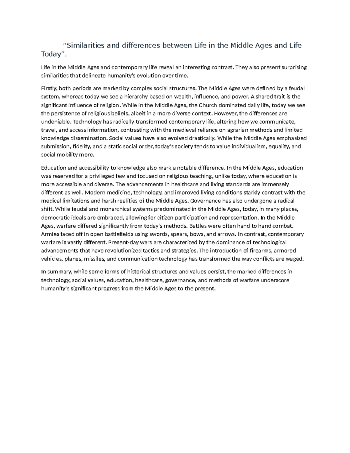 Comparative Analysis: Life in the Middle Ages vs. Modern Day - Studocu