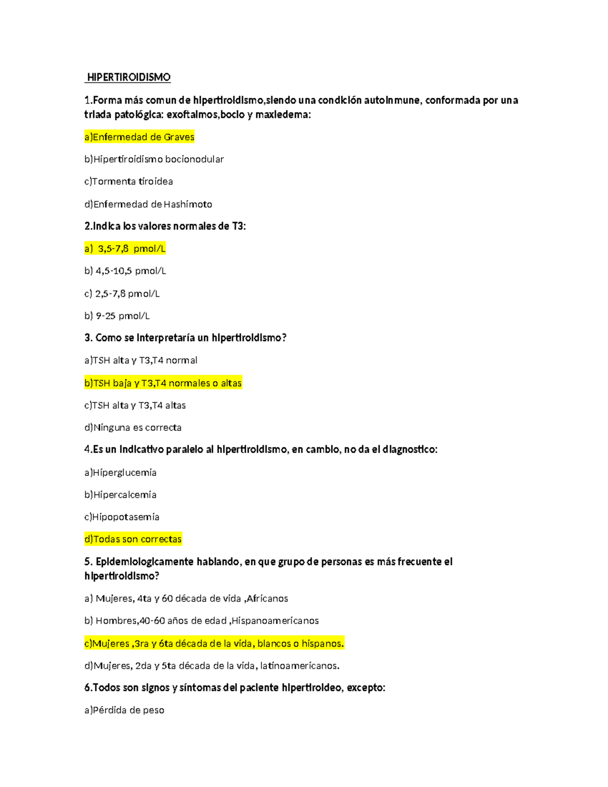 HIPERTIROIDISMO: Preguntas y Respuestas Clave para Estudio - Studocu